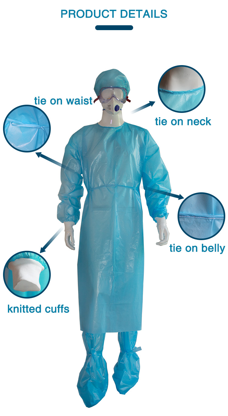 PP with PE Coated Non-Woven Isolation Gown with knitted cuffs -C&G Safety